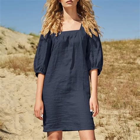 Sakmal Elbow Length Plus Size Summer Dresses Blue Solid Square Neckline