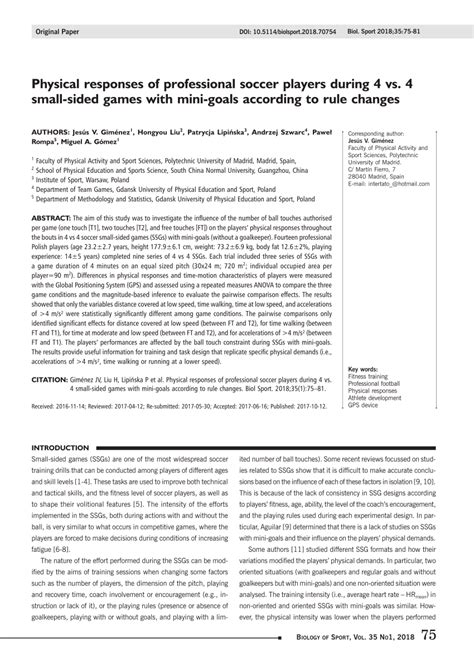 Pdf Physical Responses Of Professional Soccer Players During 4 Vs 4