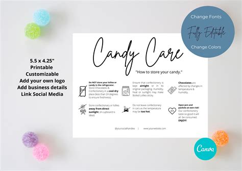 Editable Candy Care Package Printable Candy Care Card Template Sweets Care Guide