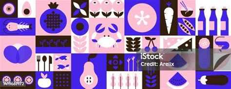 기하학적 모자이크 음식 배경 천연 녹색 유기농 과일 야채 해산물 패턴 간단한 바우 하우스 스타일 벡터 아트 채소에 대한 스톡 벡터 아트 및 기타 이미지 Istock