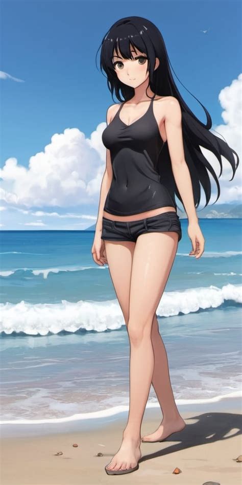 Hot Fullbody Anime Girl With Black Hair At Beach