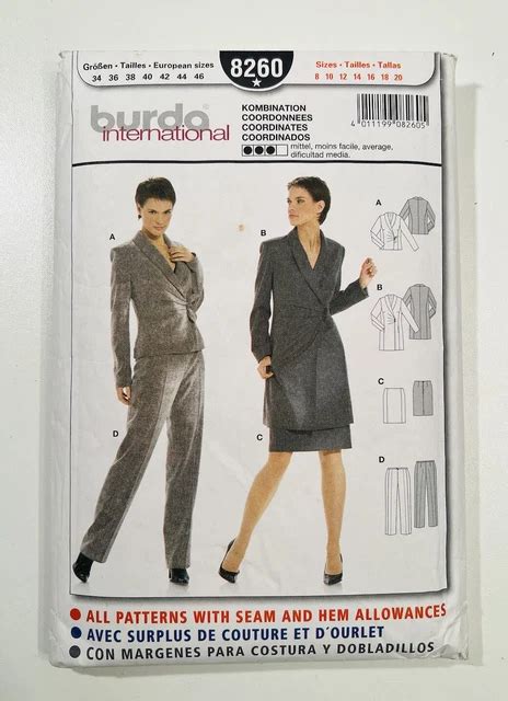 Vintage Burda Sewing Pattern 8260 Jacket Or Tunic Skirt And Pants Uncut