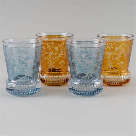 Set Of Twenty Four Bohemian Colored Etched Glass Tumblers Sold At