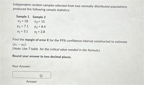 Solved Independent Random Samples Selected From Two