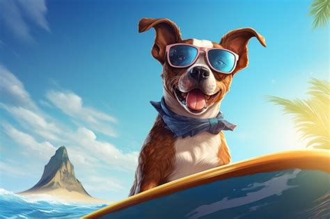 Perro Con Gafas De Sol De Vacaciones En La Parte Superior De Una Tabla