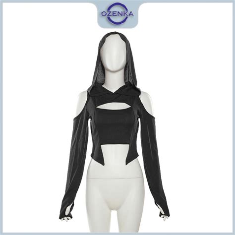 Áo croptop nữ tay dài kiểu có mũ sang chảnh ôm ozenka áo crt hở vai