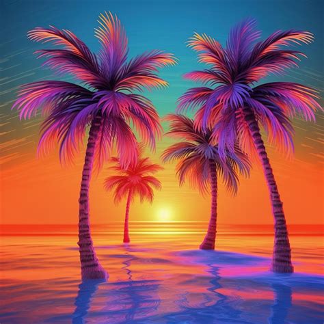 Premium Ai Image Neon Palm Trees On A Beach