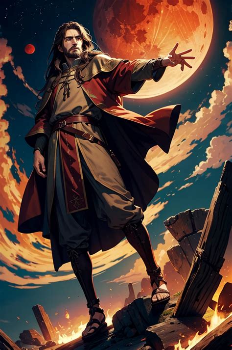 중세 의상을 입은 남성 마법사 긴 갈색 머리 연한 갈색 마법사 로브를 입고 있습니다 그리고 배경에 붉은 달이 있습니다 Seaart Ai