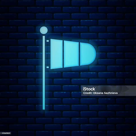 빛나는 네온 콘 기상학 윈드삭 바람 베인 아이콘 벽돌 벽 배경에 격리 윈드삭은 바람의 방향과 강도를 나타냅니다 벡터