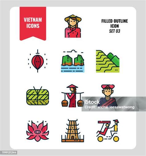 베트남 아이콘 세트 3 랜드마크 사람 음식 문화 등을 포함합니다 채워진 윤곽선 아이콘 디자인입니다 벡터 일러스트레이션 Hill People에 대한 스톡 벡터 아트 및 기타