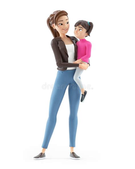 3d Cartoon Woman Holding Her Daughter In Her Arms Stock Illustration