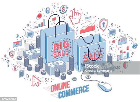 온라인 상점 개념 웹 스토어 인터넷 판매 쇼핑백 Pc 마우스 연결 흰색 절연 아이소메트릭 3d 벡터 일러스트 아이콘 통계 차트와 디자인 요소를 재정 3차원 형태에 대한 스톡