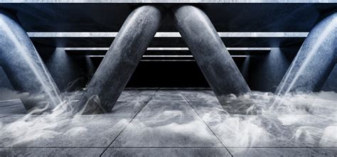 블루 핑크 형광 네온 레이저 연기 안개 어두운 빈 차고 홀 지 하 시멘트 그런 지 콘크리트 열 삼각형 모양의 공상 과학 Fi