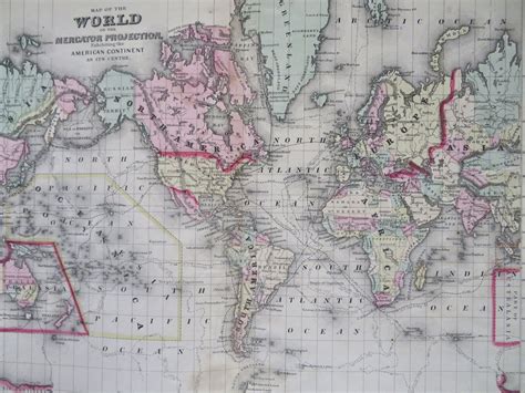 World Map Mercators Projection Americas Australia Europe Asia 1860