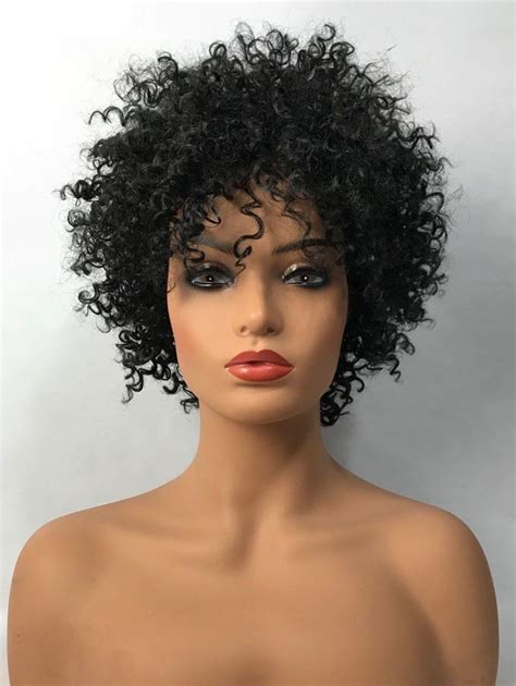 46 Off 2018 Inclined Bang Short Shaggy Afro Curly Synthetic Wig In Black