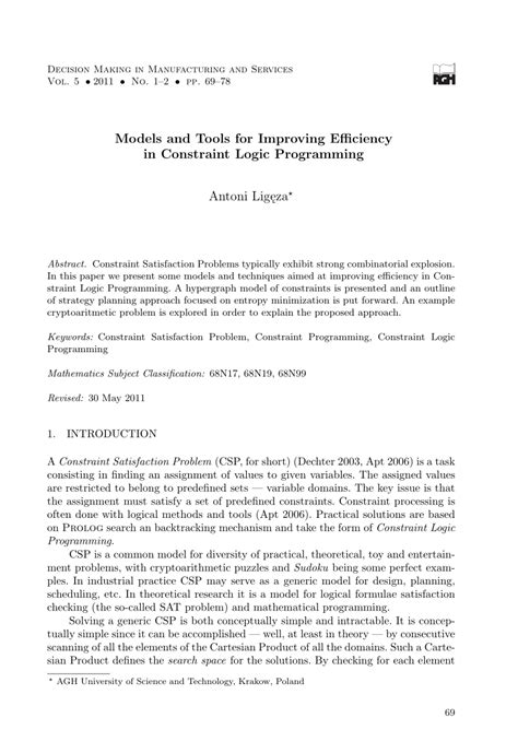 Pdf Models And Tools For Improving Efficiency In Constraint Logic
