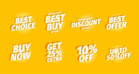 판매는 세트를 제공 합니다 최고의 선택 구매 광고 프로 모션 포스터 세트입니다 노란색 배경에 3d 문자 특별 제공 슬로건 구매에 대 한 슈퍼 전화 벡터 컬러 일러스트 텍스트