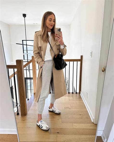 Casual Weekend Outfit For Women Trench Coat Outfit For Women Adidas Sneaker Outfit Chic Sweat