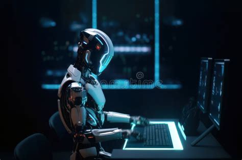 Robot Autonomous Concept Many Ai Cyborg Android Working With Laptop In