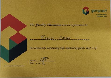 Rahul Yadav On Linkedin Quality Champion Award Genpact Happyness