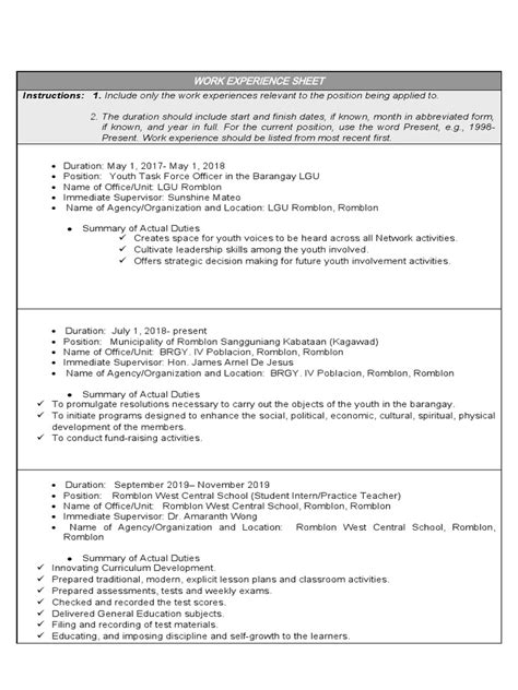 Work Experience Sheet Noeshelle Pdf Patient Nursing