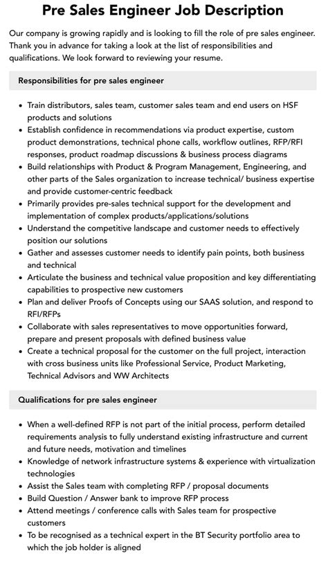Pre Sales Engineer Job Description Velvet Jobs