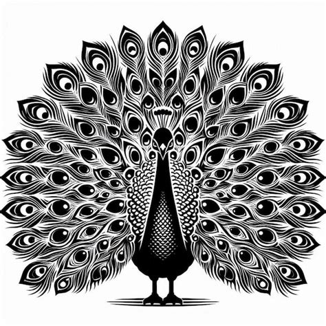 Silhouette Vector Art Of A Peacock Facing Forward With Its Tail Fully