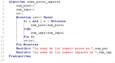 algoritmos hallar la suma de los numeros pares y impares en el rango 1 20