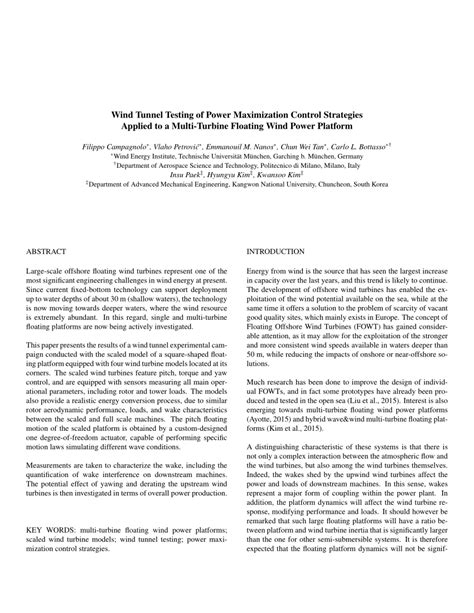 Pdf Wind Tunnel Testing Of Power Maximization Control Strategies Applied To A Multi Turbine