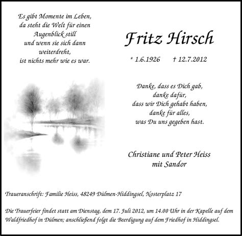 Traueranzeigen Von Fritz Hirsch Trauer In NRW De