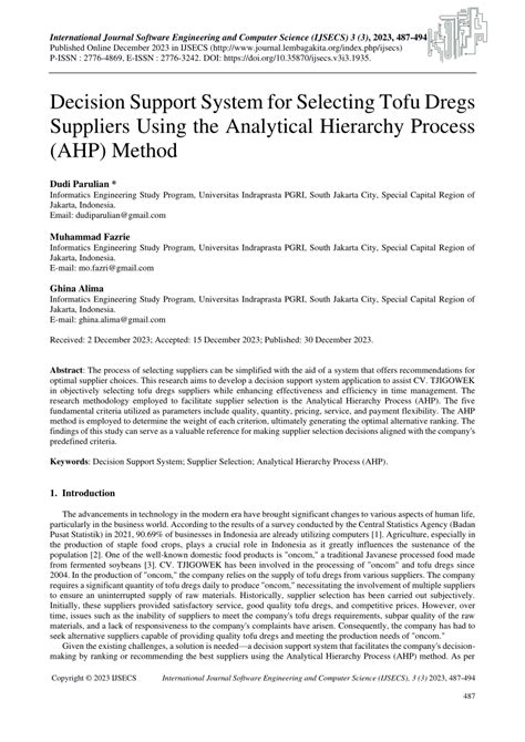 Pdf Decision Support System For Selecting Tofu Dregs Suppliers Using The Analytical Hierarchy