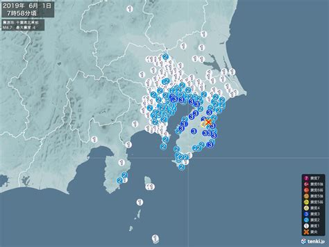 地震情報 2019年06月01日 07時58分頃発生 最大震度：4 震源地：千葉県北東部拡大画像 日本気象協会 Tenkijp