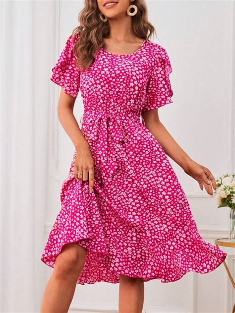Shein Lune Ditsy Floral Ruffle Hem Belted Dress Shein Uk