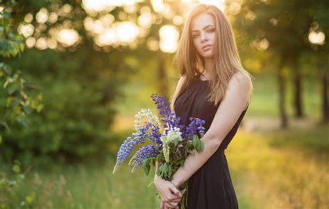 Wallpaper Look Girl Flowers Bokeh Lupins For Mobile And Desktop
