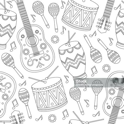 기타 드럼 드럼 스틱 마라카스 및 음표가있는 윤곽 매끄러운 패턴 브라질 카니발 음악 축제를 위한 악기 개요 벽지 섬유 포장에 대 한 벡터 일러스트 레이 션 검은색에 대한