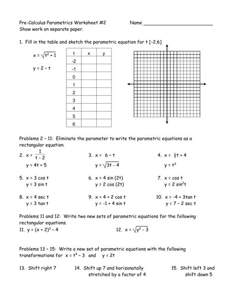 Precalculus Worksheet Parametric Equations Answers Equations Worksheets