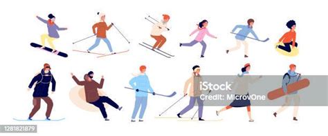 아이들과 함께 겨울 활동 스포츠 커플 크리스마스 휴가 시간 고립 된 스케이트 스키 스노우 보드와 하키 캐릭터 벡터 일러스트레이션 겨울에 대한 스톡 벡터 아트 및 기타 이미지