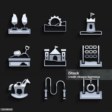 세트 모래 성 점프 로프 자동차 타이어에 매달려 틱 택 발가락 게임 말 안장 스윙 모래 타워와 숲 아이콘 샌드 박스 벡터 가루로 빻은에 대한 스톡 벡터 아트 및 기타 이미지