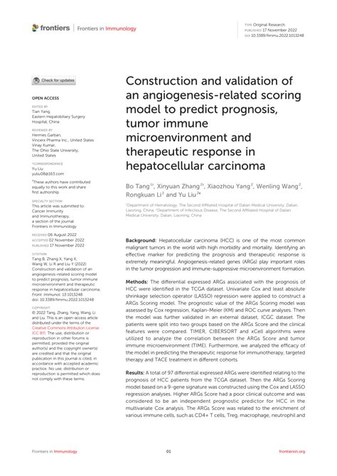 Pdf Construction And Validation Of An Angiogenesis Related Scoring Model To Predict Prognosis