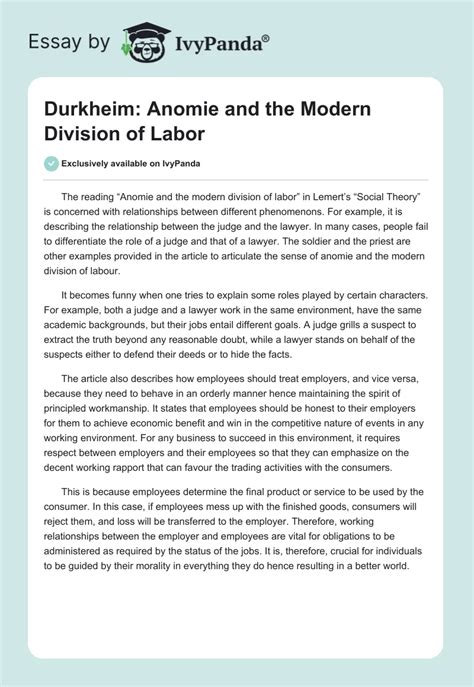 Durkheim Anomie And The Modern Division Of Labor 319 Words Essay