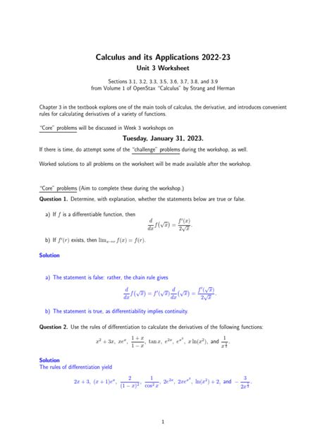 Worksheet 3 Solutions Pdf Derivative Mathematical Analysis