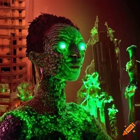 Glowing Biopunk Cityscape With Green Moss Plants And Mutated Cyborg