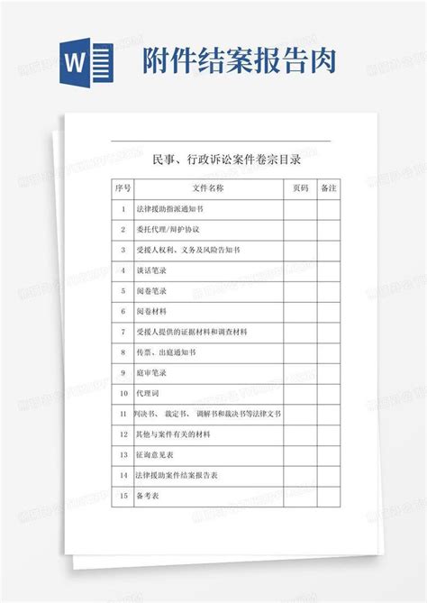 结案案卷格式文书1 附件1民事、行政诉讼案件卷宗目录word模板下载编号lvneomgg熊猫办公