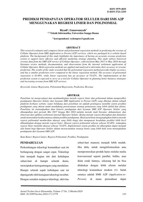 Pdf Prediksi Pendapatan Operator Seluler Dari Sms A2p Menggunakan Metode Regresi Linier Dan