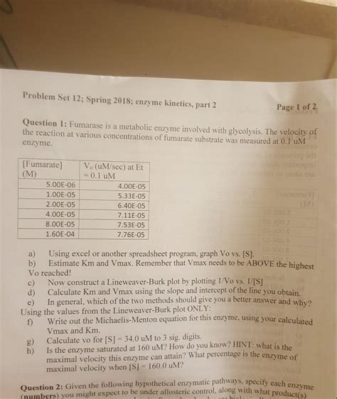 Solved Problem Set Spring Enzyme Kinetics Part Chegg Com
