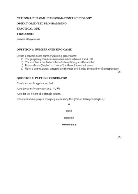 Oop Prac 1 Object Oriented Programming In C National Diploma In