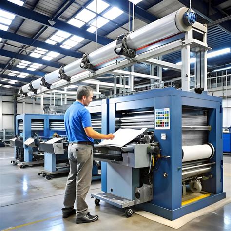 A Skilled Operator Inspects A Large Printing Press In A Modern Industrial Setting Premium Ai