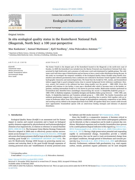 Pdf In Situ Ecological Quality Status In The Kosterhavet National Park Skagerrak North Sea