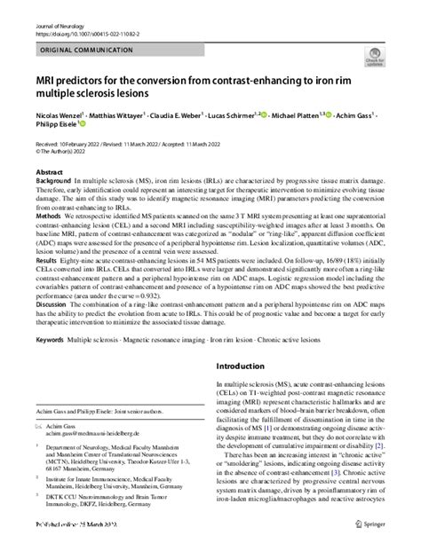 Pdf Mri Predictors For The Conversion From Contrast Enhancing To Iron Rim Multiple Sclerosis