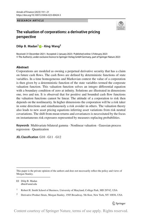 The Valuation Of Corporations A Derivative Pricing Perspective